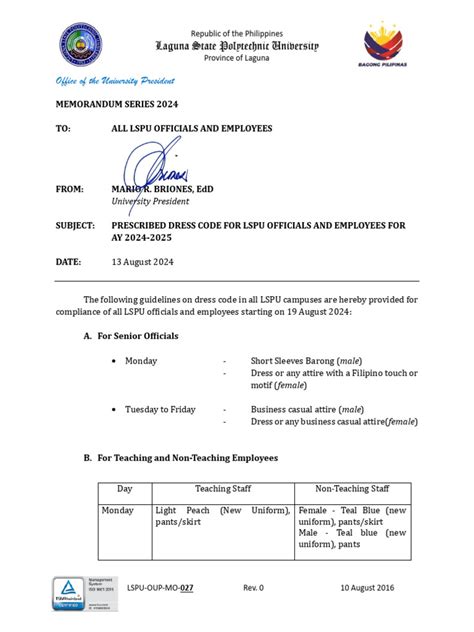 Oup Memo 027 S 2024 Dress Code Lspu Pdf