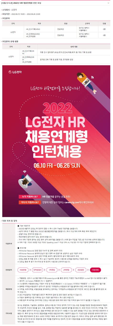 Lg전자 채용공고 서울수도권창원 Hr 채용연계형 인턴 모집 2022년 채용