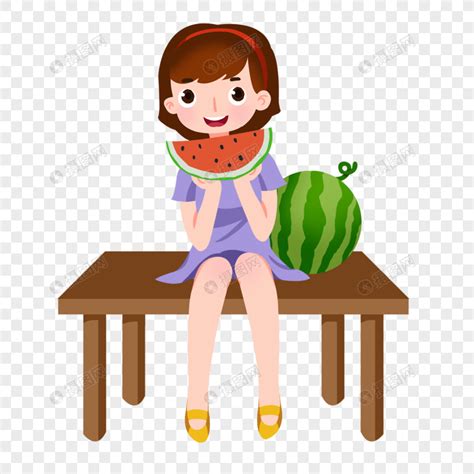 卡通手绘女孩坐在凳子上开心吃西瓜元素素材下载 正版素材401358098 摄图网