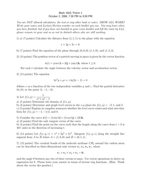 7 Questions For Old Exam 1 Multivariable Calculus Engineers Math