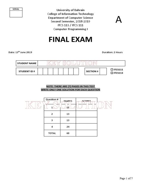 Final Exam Key Solution Pdf Method Computer Programming