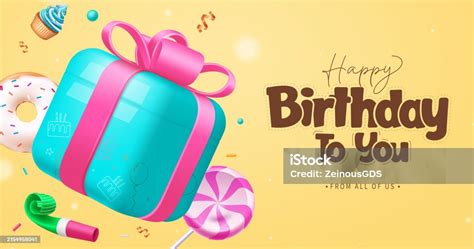 생일 축하 인사말 벡터 배경 디자인입니다 파란색 선물 상자 막대 사탕 도넛 컵 케이크 및 휘파람 요소가 있는 생일 축하 텍스트