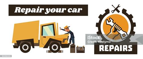 자동차 수리에 가로 배너 템플릿입니다 아이콘 복구 손을 잡고 렌치 기술자 자격증 오렌지 트럭입니다 벡터 일러스트입니다 평면 스타일 경관에 대한 스톡 벡터 아트 및 기타
