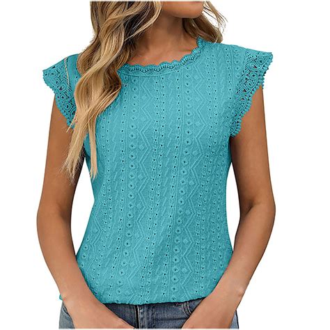 Dealovy Womens Tank Tops Eyelet Crochet Cap Sleeve Lace Crew Neck