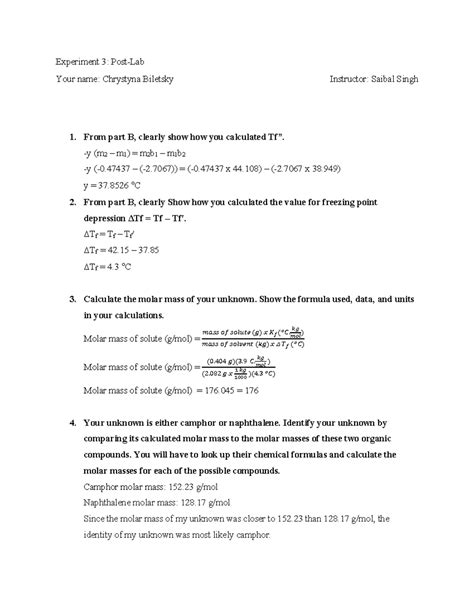Experiment 3 Post Lab Chem 1032 Lab 3 Post Lab Questions Grade 66