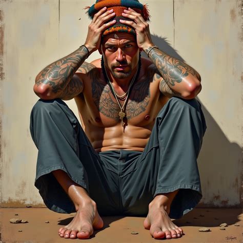 Oil Painting Of A Tattooed Woman With Short Hair And A Colorful Woolen