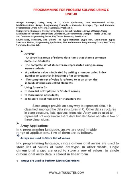 programming for problem solving using c unit iii arrays pdf array