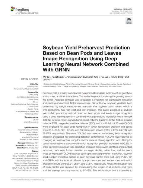 Pdf Soybean Yield Preharvest Prediction Based On Bean Pods And Leaves Image Recognition Using