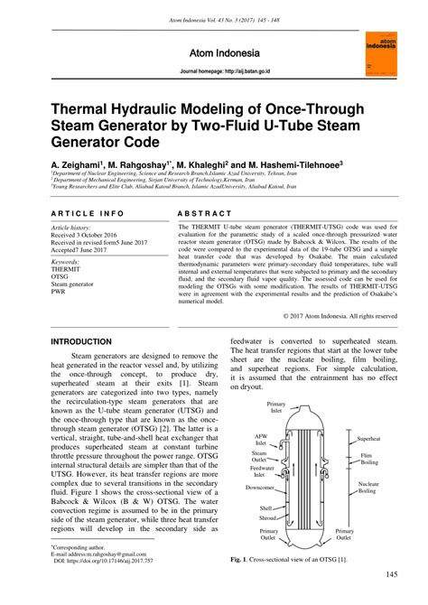 Pdf Thermal Hydraulic Modeling Of Once Through Steam Generator By Two Fluid U Tube Steam