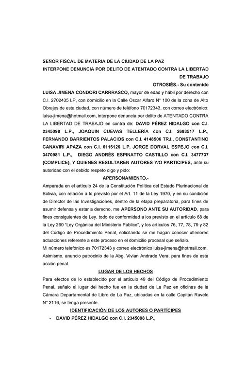 Denuncia Atentado Contra La Libertad Del Trabajo Jimena Condori
