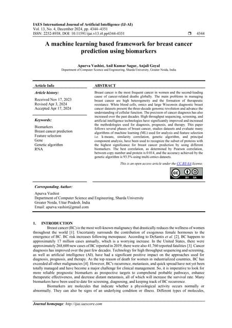 A Machine Learning Based Framework For Breast Cancer Prediction Using Biomarkers Pdf