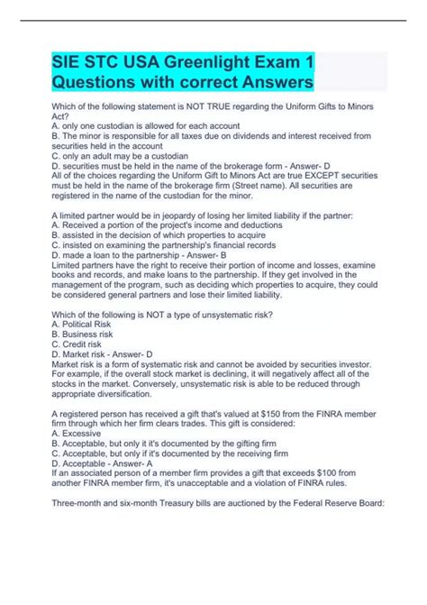 Sie Stc Usa Greenlight Exam 1 Questions With Correct Answers Sie Stc