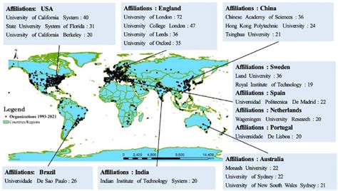 Global Geographical Distribution Of Research Institutions 1993 2021