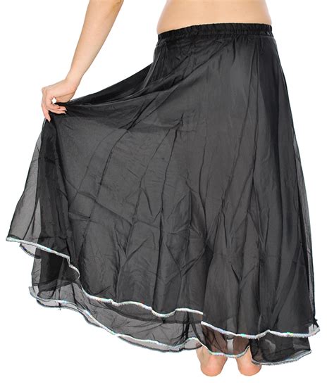 2 Layer Black Chiffon Belly Dance Skirt With Silver Trim