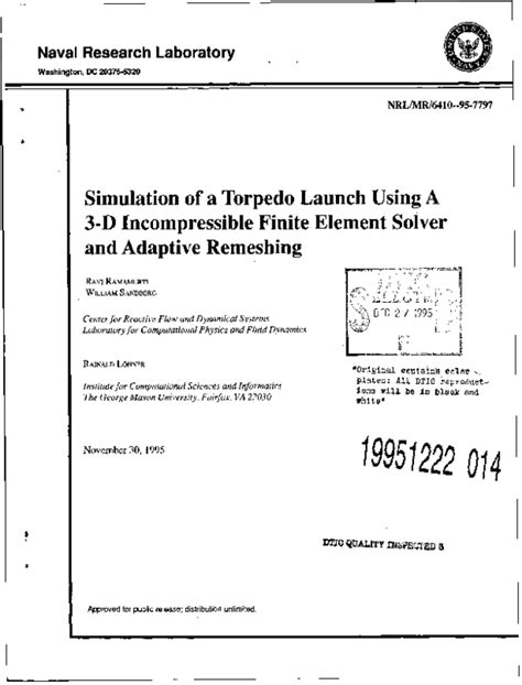 Pdf Simulation Of A Torpedo Launch Using A 3 D Incompressible Finite Element Solver And