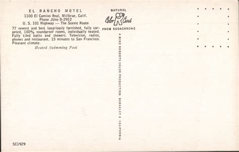 El Rancho Motel Swimming Pool And Map Millbrae Ca California Postcard