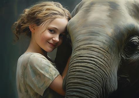Premium Photo Young Girl Hugging Elephant Trunk Oil Real Little