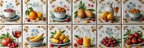 Colorful Ceramic Tiles With Assorted Fruits And Juices On Floral