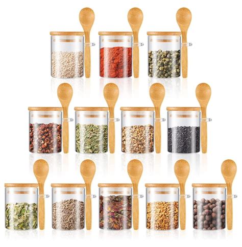 Set Of 12 Airtight Glass Jars With Bamboo Lids And Wood Spoons 6 Oz