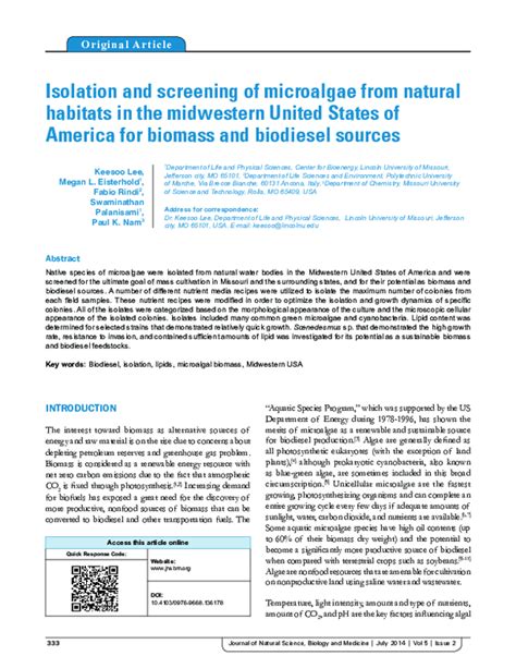Pdf Isolation And Screening Of Microalgae From Natural Habitats In