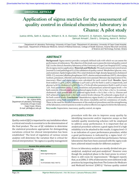 Pdf Application Of Sigma Metrics For The Assessment Of Quality Control In Clinical Chemistry
