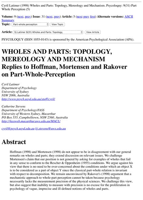PDF Wholes And Parts Topology Mereology And Mechanism