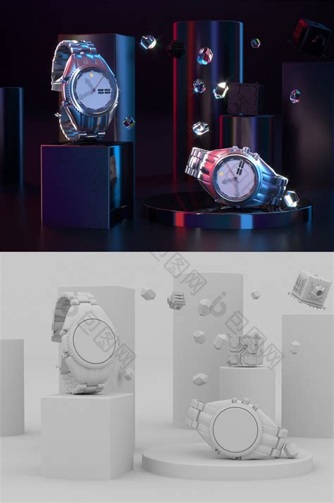 红蓝色调手表场景cr渲染c4d模型图片下载 包图网