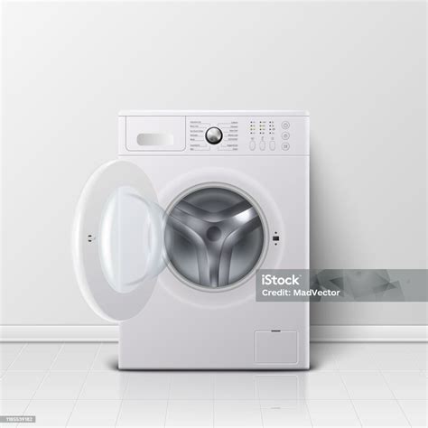 벡터 3d 현실적인 현대 흰색 강철 열린 세탁기 클로즈업 Wacher의 디자인 템플릿 프론트 뷰 세탁 컨셉 빨래에 대한 스톡