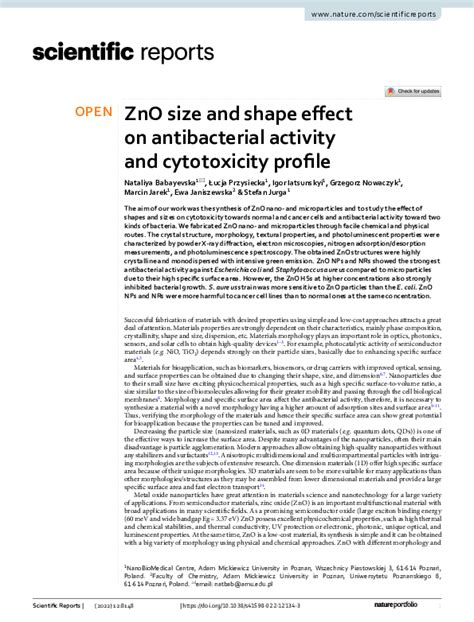 Pdf Zno Size And Shape Effect On Antibacterial Activity And Cytotoxicity Profile Ewa