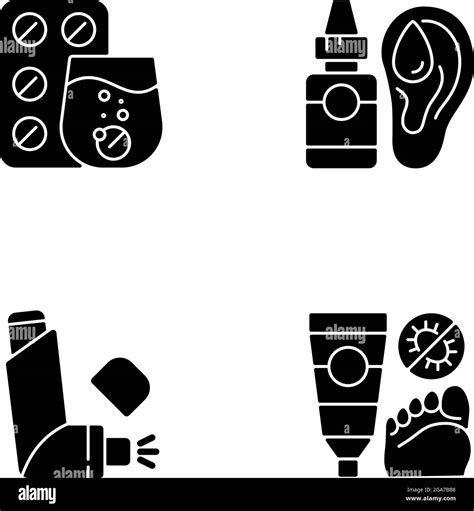 Improving Disease Symptoms Black Glyph Icons Set On White Space Stock