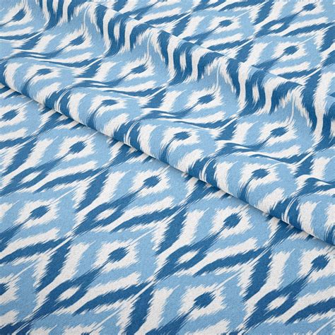 Blue Ikat Fabric By Meter Modern Geometric Ogee Pattern Polycotton