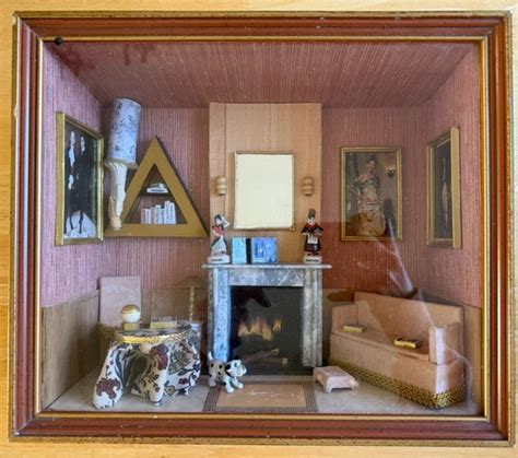Vintage Handmade French Dolls House Diorama Box Living Room Fireplace