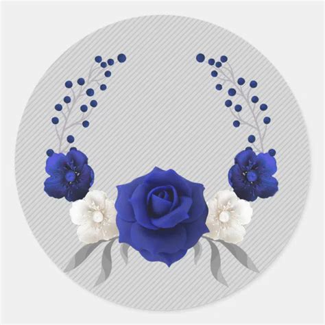 Royal Blue Rose White Flowers Grey Classic Round Sticker Zazzle