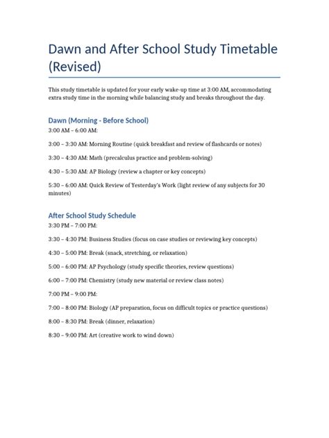 Dawn After School Timetable Updated Pdf