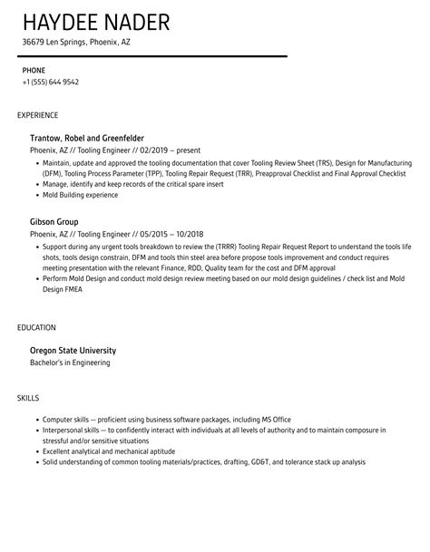 Tooling Engineer Resume Samples Velvet Jobs
