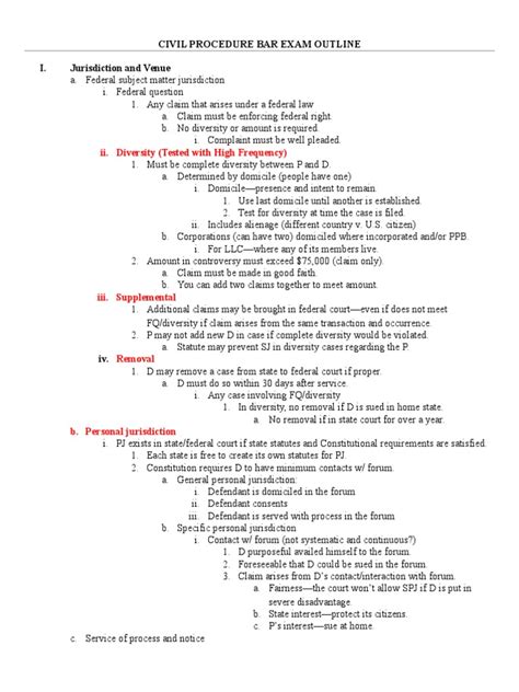 Civil Procedure Bar Exam Outline Diversity Jurisdiction Personal