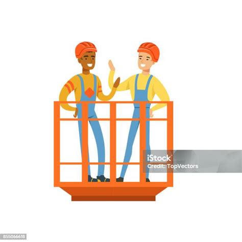 이야기 하 고 웃 고 내 리프트 직장에서 전문 광부에에서 일정 한 서 있는 남성 광부 석탄 광산 업계 벡터 일러스트 레이 션 2명에 대한 스톡 벡터 아트 및 기타 이미지