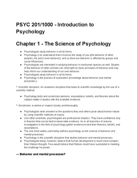PSYC 201 1000 Introduction To Psychology Notes PSYC 201 1000