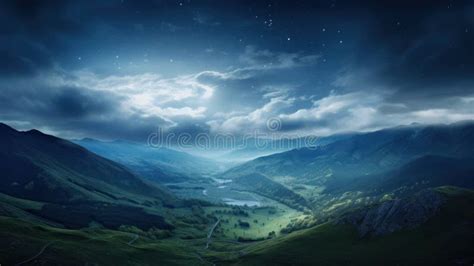 Beautiful Mountain Landscape Starry Night Sky Green Background Stock
