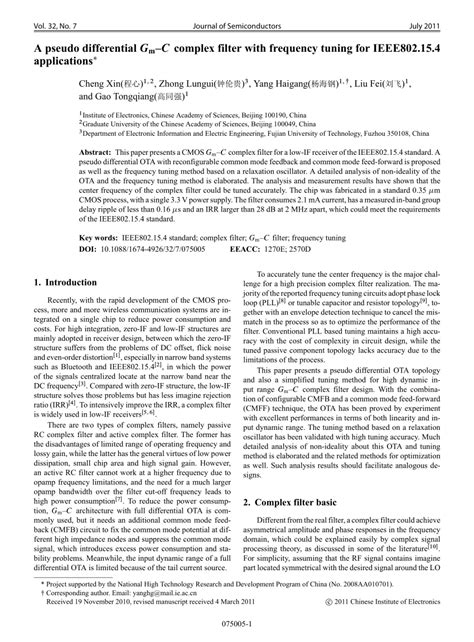 Pdf A Pseudo Differential Gm—c Complex Filter With Frequency Tuning
