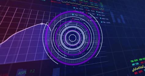 Image Of Round Scanner Over Stock Market Data Processing Against Blue