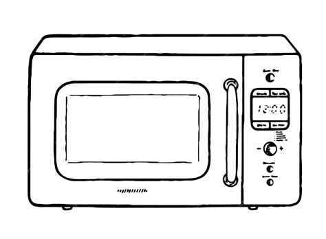 Black And White Image In A Sketch Style Of A Desktop Microwave Oven For