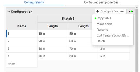 Configuration Of Table To Multiple Tables Onshape