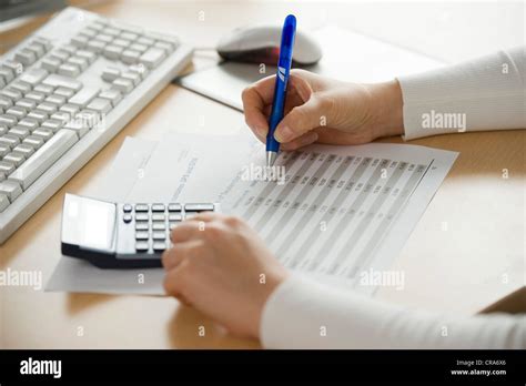 Calculation Calculator Detail Hands Stock Photo Alamy