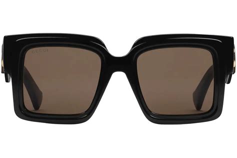 Gucci Oversized Rectangular Sunglasses Shiny Blackbrown Lens 733349