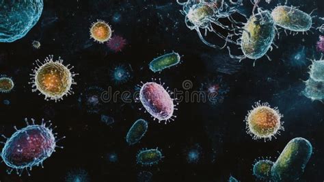 Diverse Array Of Colorful Bacteria And Microbes Thriving Under A Dark Backdrop Highlighting