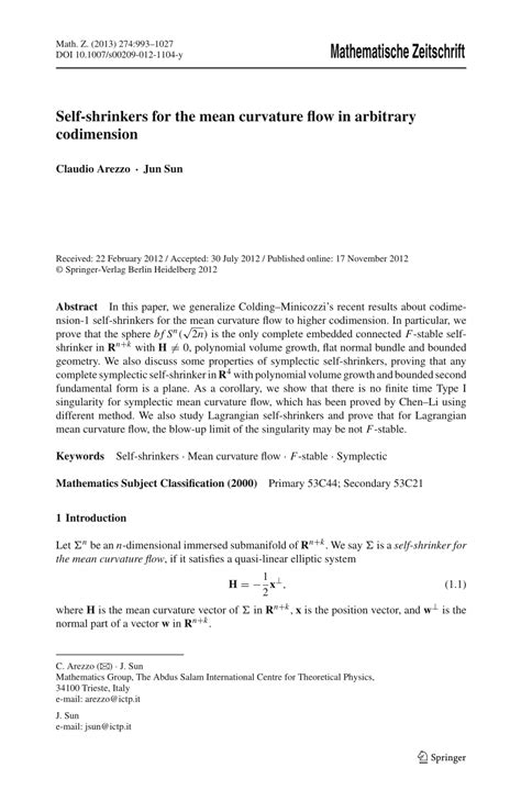 Pdf Self Shrinkers For The Mean Curvature Flow In Arbitrary Codimension