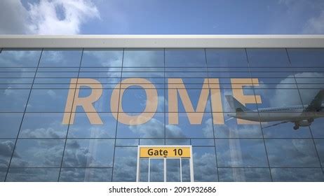 Airliner Reflecting Windows Airport Terminal Rome Stock Illustration