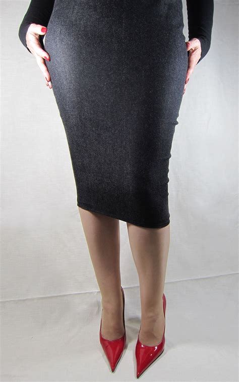 Https Flic Kr P Cw A Black Denim Knee Hobble Skirt And Red Patent