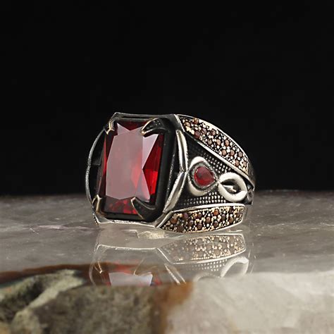 925 Sterling Silver Garnet Stone Mens Ring V2 Silver Red 105
